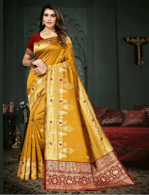 Buy SWIFFIN Most Demanding Litchi Silk Patola Yellow & Red Saree For ...