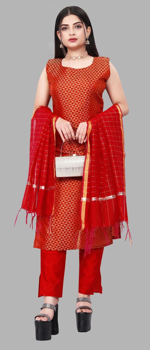 Buy Eilara Women's Silk Blend Red Straight Kutra, Pant with Dupatta ...