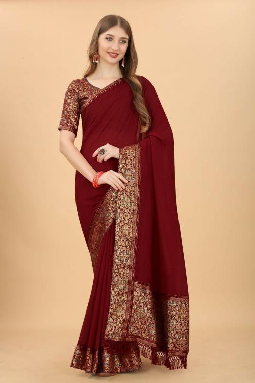 Buy SWIFFIN Latest Collection Vichitra Silk Banarasi Maroon Saree For ...