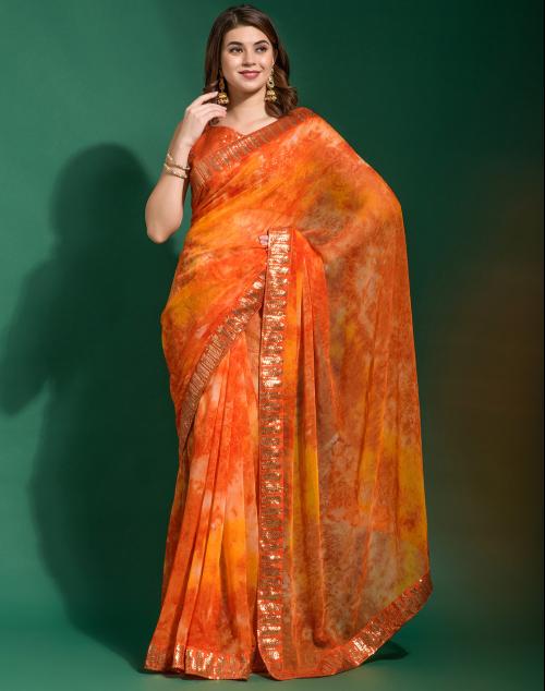 Buy Satrani Chiffon Orange Color Saree with Blouse piece Online at Best ...
