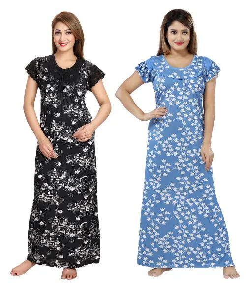 Buy Glam World Women Multicolor Printed Satin Nighty Combo- Free Size ...
