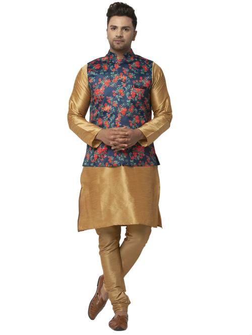 Buy Benstoke Men's Silk Blend Copper Kurta With Pyjama & Navy Blue ...