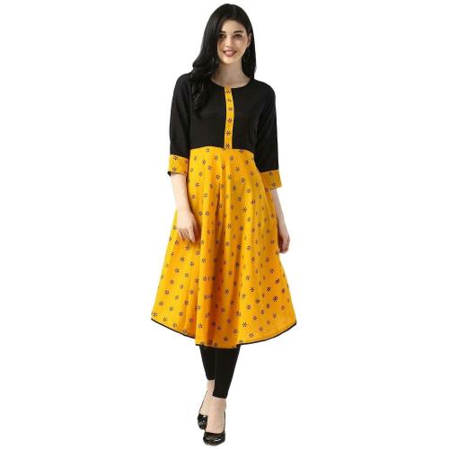 Buy Helwin Desiner Women and Girls Yellow,Black Printed Cotton Anarkali ...