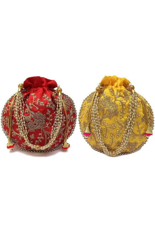 Buy Binori Red and Yelllow Rajasthani Style Royal Clutch Silk Potli ...