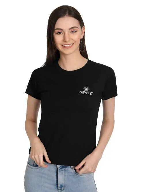 ONE CENTRE Women Black Printed Cotton Blend Round Neck Tshirt (L) - JioMart