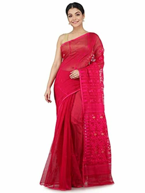 Buy PinkLoom Women Pink Handloom Pure Cotton Jamdani Saree Without Blouse Piece Online at Best ...