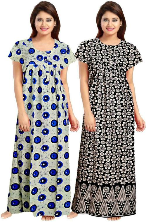 Buy Mudrika Women Blue and Black Floral Pure Cotton Pack of 2 Nighty ...