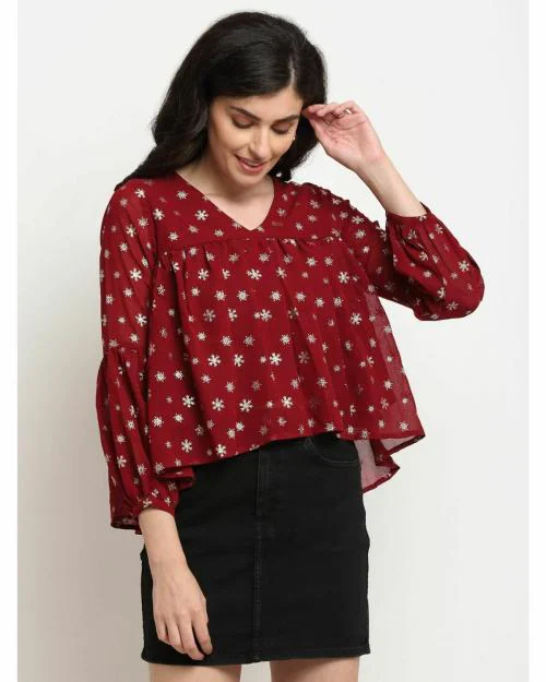 Buy La Zoire Puff Sleeves V-Neck Foil Print Top Online at Best Prices ...