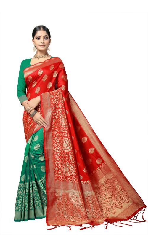 Buy NOPSE Women's Litchi Silk Banarasi Half & Half Saree (Amba Red ...