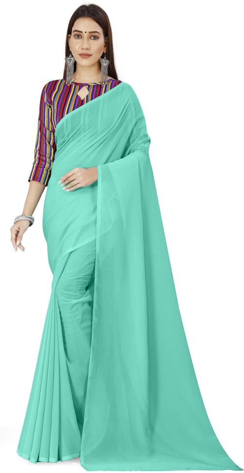 Buy Anand Women Light Blue Solid Georgette Single Saree Online at Best ...