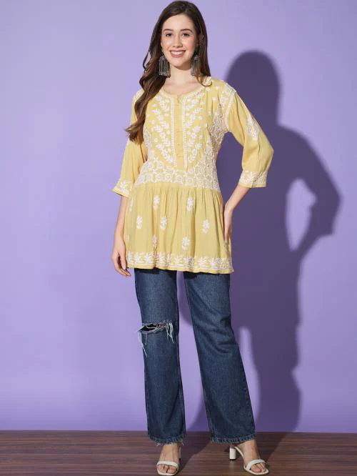 Buy Ethnava Women’s Hand Embroidered Chikankari Short Kurti Design ...