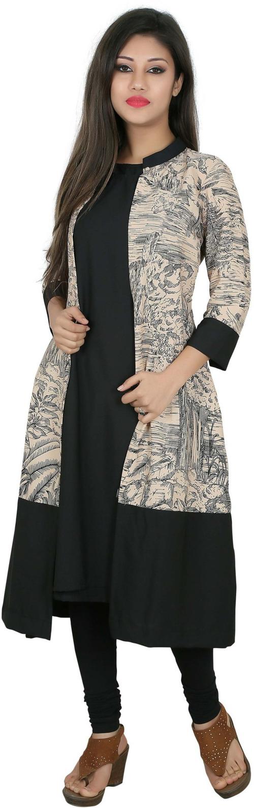 Buy Span Women Beige Printed Cotton Blend A-Line Kurta Online at Best ...