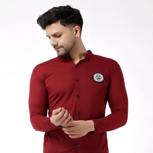 Buy Geum Men Maroon Solid Cotton Blend Mandarin Collar Shirt shirt for ...