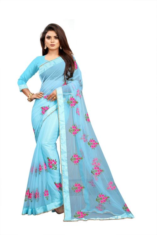 Buy N V Patel Women Aqua Blue Embroidered Net Bollywood Saree Online at ...