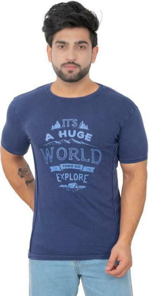 Buy E-MAX Men Blue Printed Pure Cotton T-shirt - M Online at Best ...