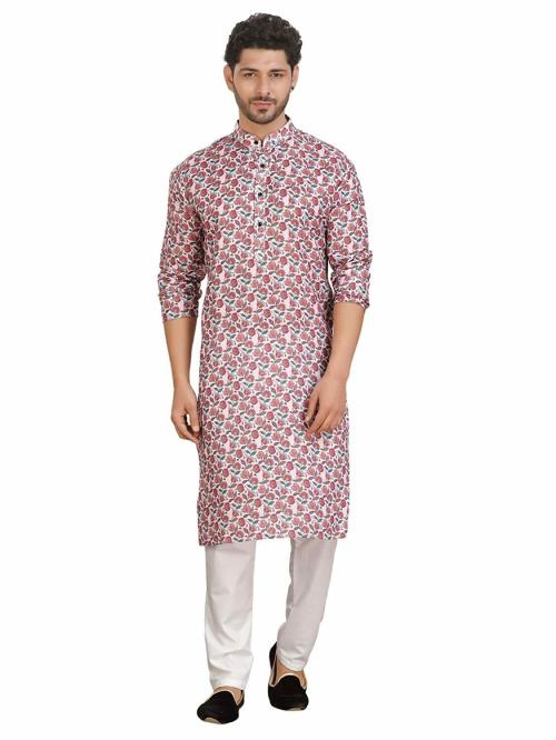 Buy Encino Mens Peach Printed Cotton Indeevar Collection Kurta Online ...
