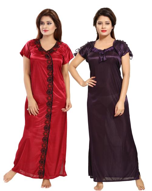 Buy Shopping World Women Multicolor Printed Satin Nighty Combo- Free ...