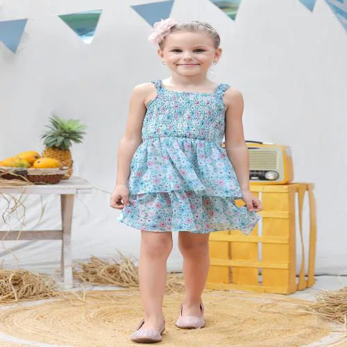Buy Tiny Twills Flower Print Double Layered Smocking frock - Blue ...