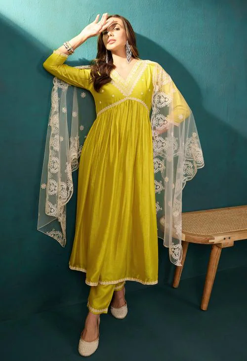 Buy SheWill Mustard Vichitra Sequence Chain Stitch Embroidery Kurta With Pant And Net Dupatta ...