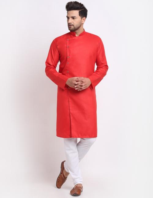Buy Benstoke Men's Red & White Cotton Angrakha Style Kurta With ...