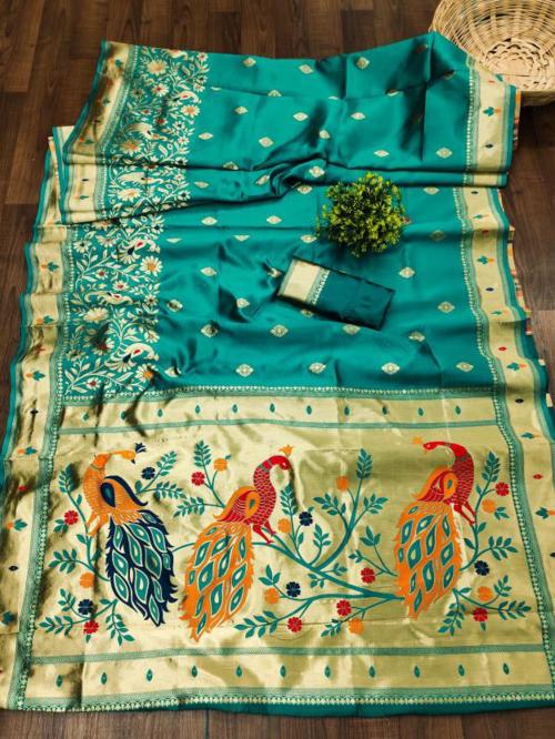 Buy MANGROLIYA IMPEX Women Blue Applique Silk Blend, Pure Silk Paithani ...