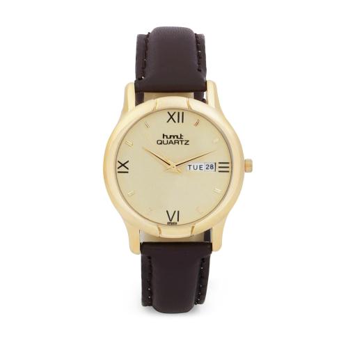 Buy HMTO Gold Plated Day and Date Analog Geuinine Leather Watch for Men ...