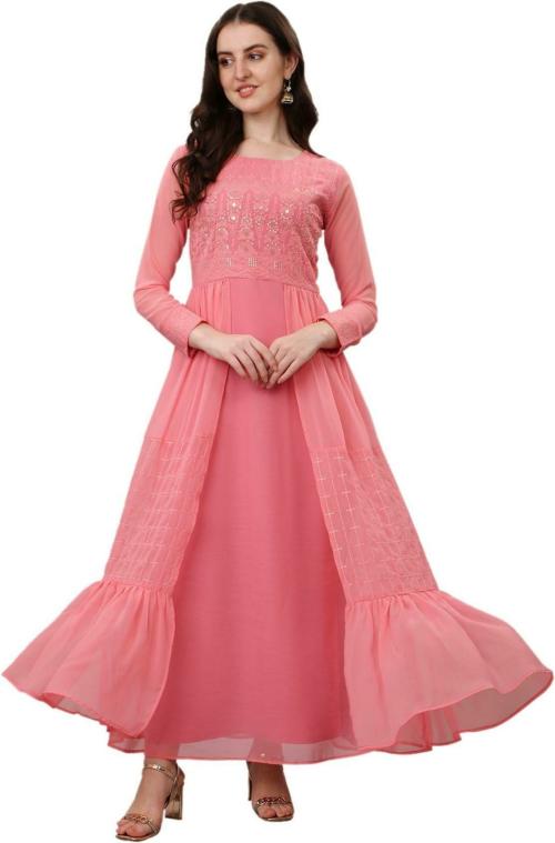 Kinjo Women Pink Embroidered Georgette Gown (L) - JioMart