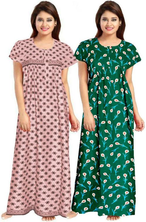 Buy Mudrika Women Pink and Green Floral Pure Cotton Pack of 2 Nighty ...