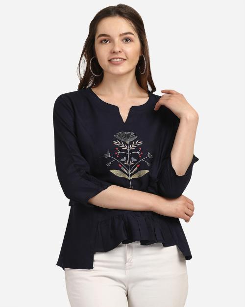 Buy 14 Fab Women Rayon Fabric Embroidered Navy Blue Color top For women ...