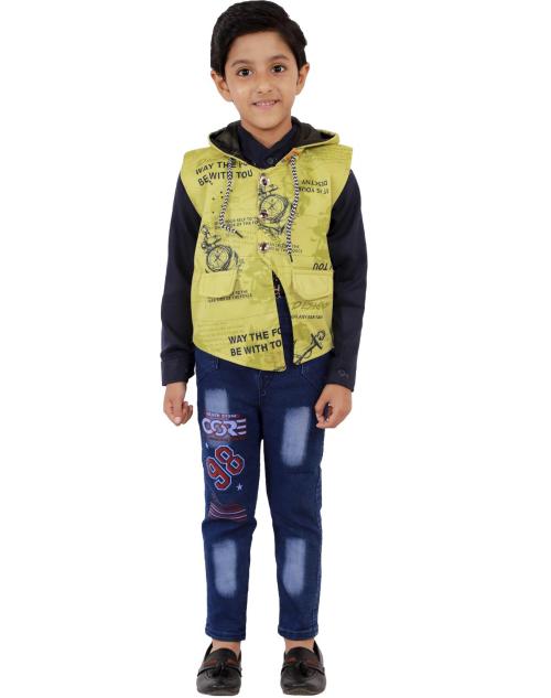 Buy Dkgf Fashion Boys Green Self Design Cotton Blend Shirt Jeans Online ...