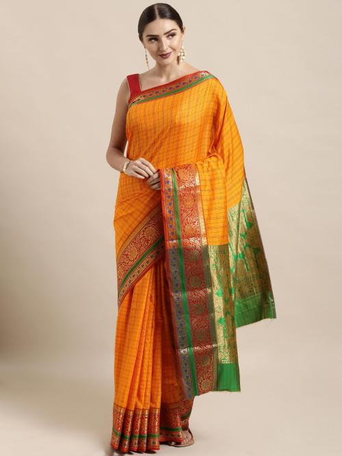 Buy AKSHARAM Women Green, Yellow Woven Silk Blend Handloom Saree Online ...