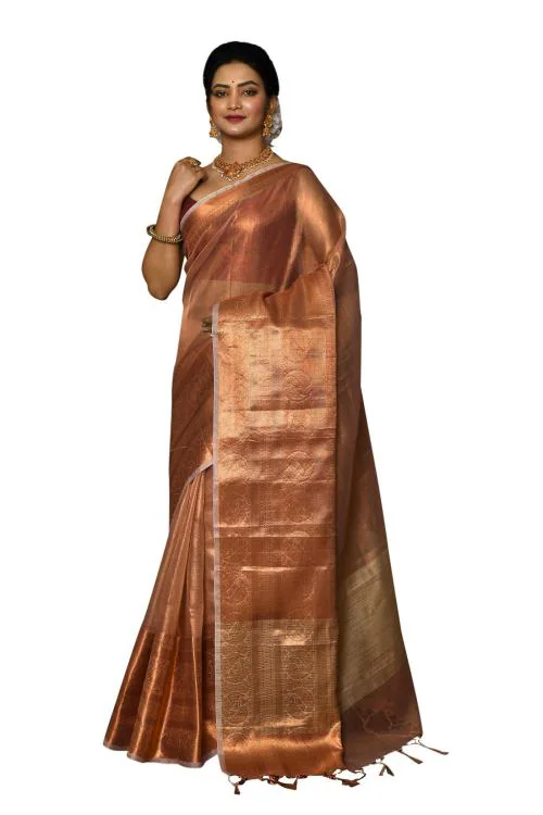 Buy Banarasi Tissu Plane Copper Saree With Blouse Piece Online at Best ...