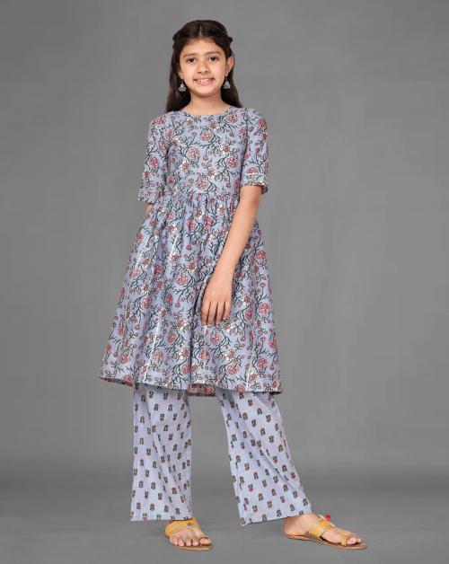 Buy Fashion Dream Girls Grey Floral Printed Cotton Kurta And Palazzo ...
