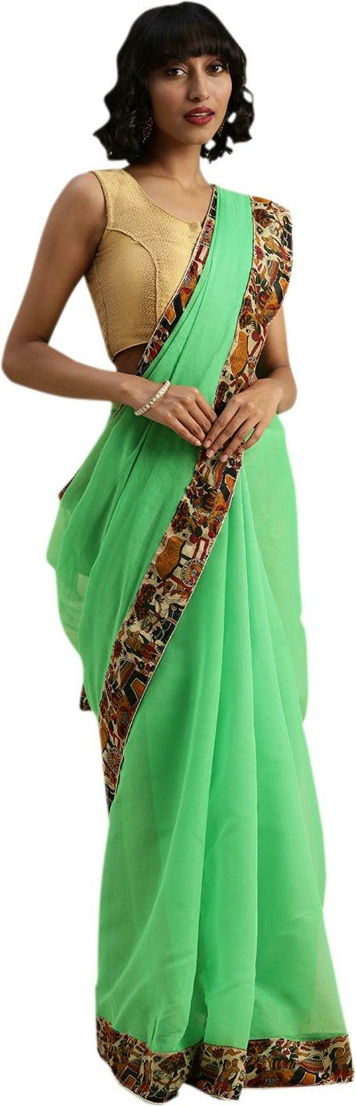 Buy Today Deal Women Green Solid Cotton Blend Single Sarees Online at ...