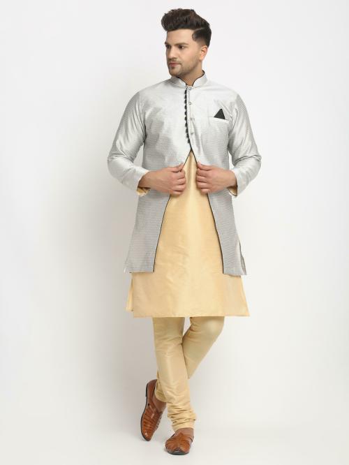 Buy Benstoke Men's Gold Kurta With Pyjama & Grey Self Design Jacket ...