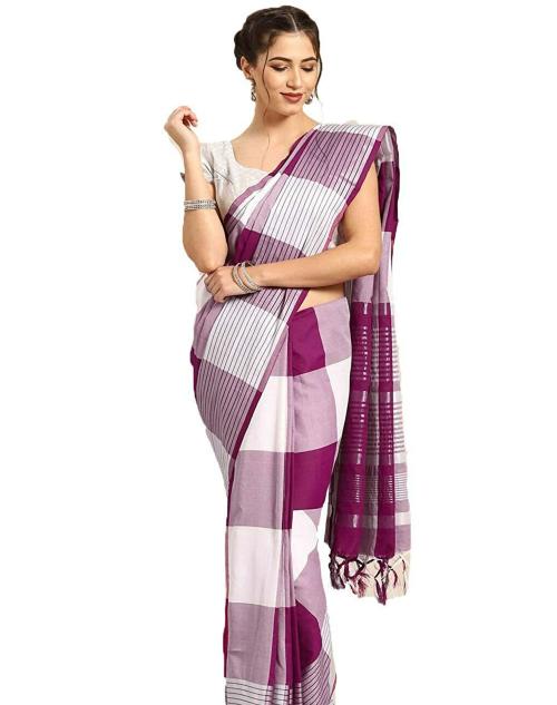 Buy Lyuson Women White Checkered Cotton Blend, Pure Cotton Handloom ...