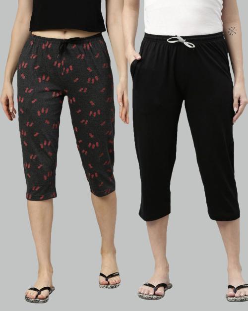 Buy Kryptic Women Grey & Black Printed Cotton Capris Pack of 2 Online ...