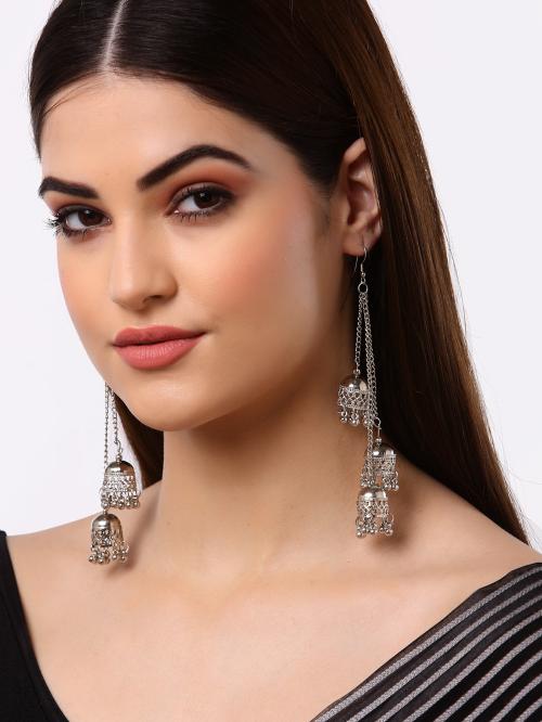 Buy CHUIMUI Gunmetal-Toned Dome Shaped Kashmiri Jhumki Earrings Online ...