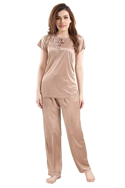 Buy Romaisa Women Beige Solid Satin Single Top & Pyjamas Set Online at ...