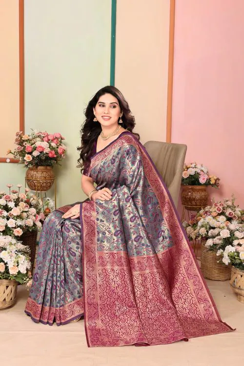 Buy Om Shantam sarees Morpich Woven Self Design Kanjivaram Banarasi ...