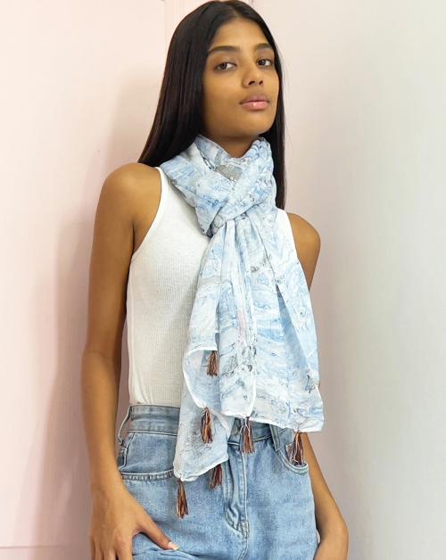 Buy Ayesha Blue & White Marble Printed Multicolor Tassel Modal Scarf ...