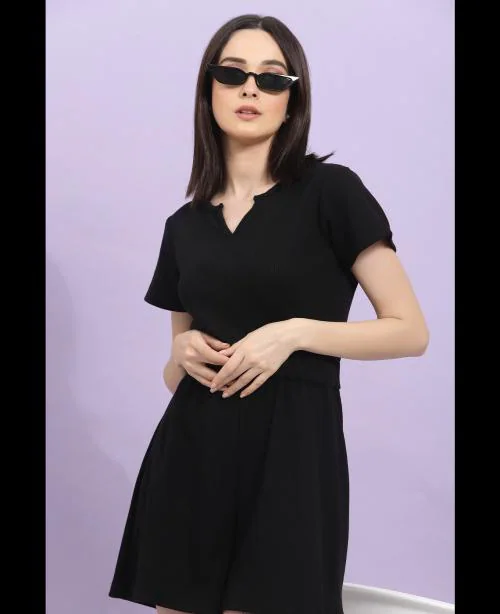 Buy Rigo Women Black Waffle Knit Split Crew neck Half Sleeve Playsuit ...