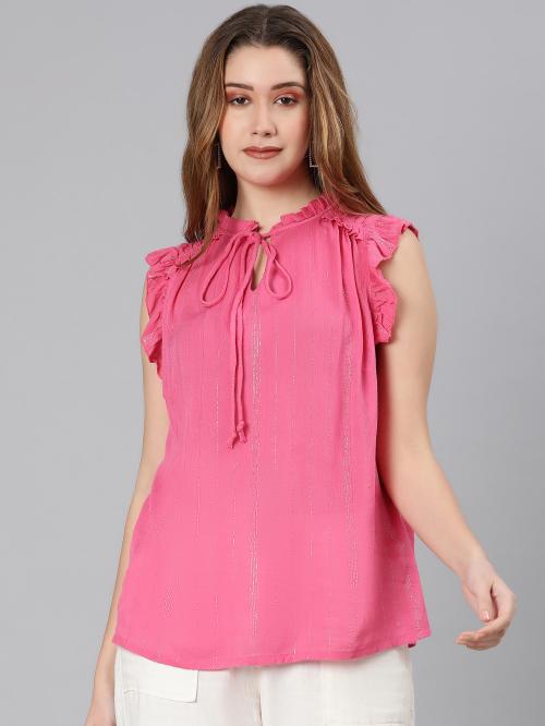 Buy Oxolloxo Grody pink tie-knot women lurex stipe top Online at Best ...