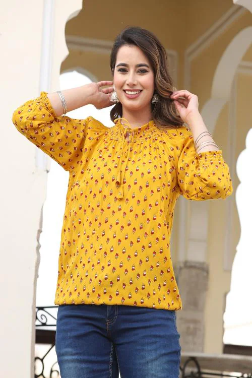 Buy VSUNDRA Rayon Round Neck 3/4 Sleeves Tie-Up String Neckline Floral ...