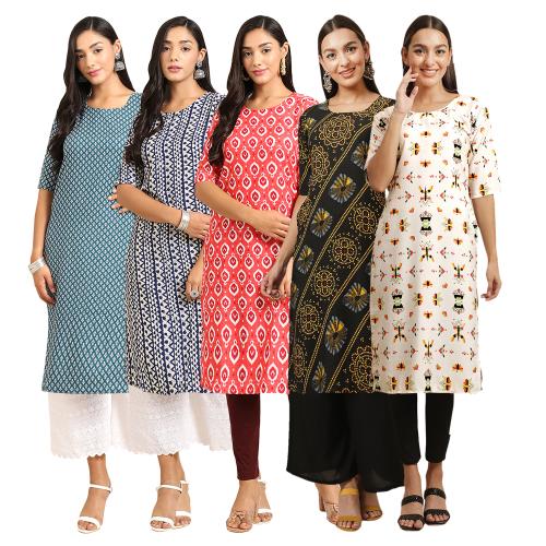 Buy Ethnic Basket Women's Crepe Digital Print Straight Kurta [pack of 5]{OV-351-348-346-390-386 ...