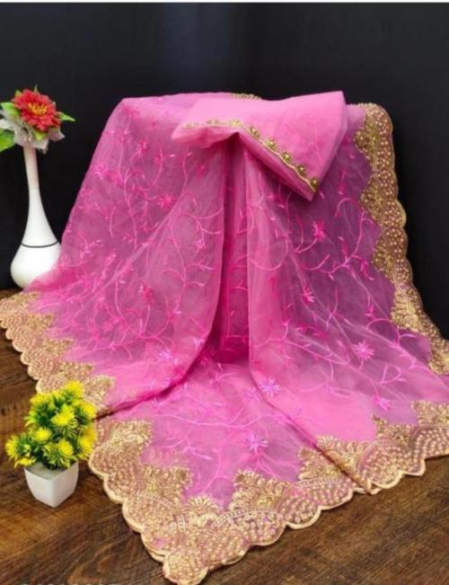 Buy Harmi Fashion Women Pink Embroidered Net Bollywood Saree Online at ...