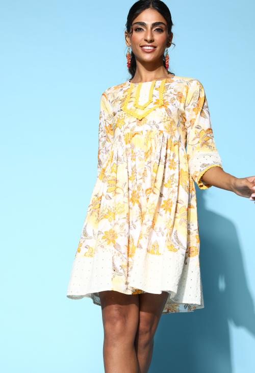 Buy KVSFAB Yellow Cotton Floral Printed with Shiffly Dress Online at ...