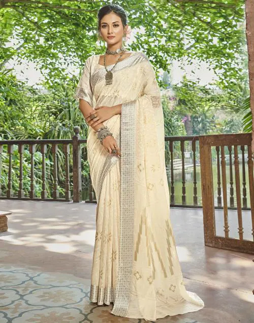 Buy Satrani Brasso Cream Color Brasso Saree with Blouse piece | sarees ...