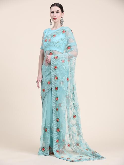 Buy IrisTheStudio Women Light Blue Net Embroidered Bollywood Saree ...
