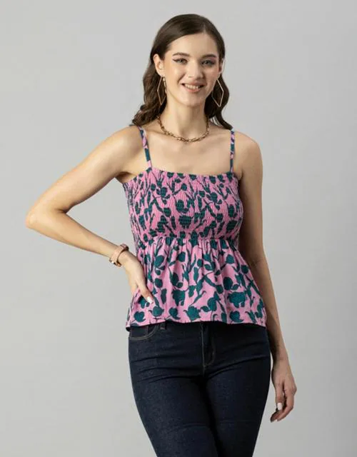 Buy Moomaya Women's Printed Shoulder Strap Top, Square Neck, Smocked ...